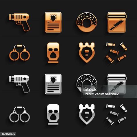 세트 발라 클라바 칼 총알 경찰 배지 수갑 도넛 전기 충격및 체포 영장 아이콘 증거 가방 벡터 검은색에 대한 스톡 벡터 아트 및