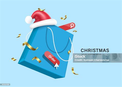 손잡이가 달린 파란색 종이 쇼핑백 산타 모자 검색 창 주문 버튼 금색 리본은 모두 크리스마스와 새해 프로모션을 위해 공중에 떠
