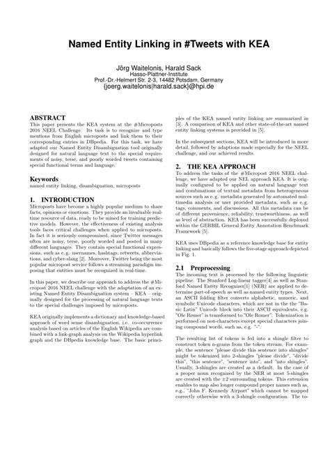 Pdf Named Entity Linking In Tweets With Kea