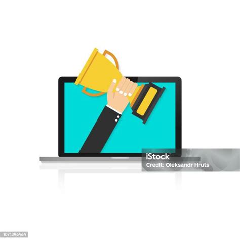 온라인 보너스 목표 성취 벡터 플랫 만화 노트북 및 성공 우승자 지주 골든 컵 수상 벡터 일러스트입니다 1위에 대한 스톡 벡터 아트 및 기타 이미지 Istock