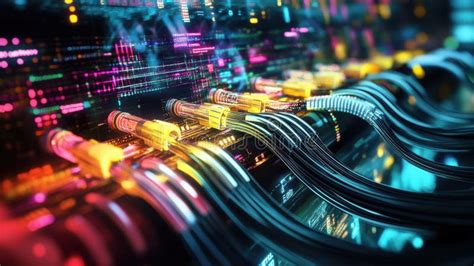 Fiber Optic Cables Transferring Data With Futuristic Hologram Interface