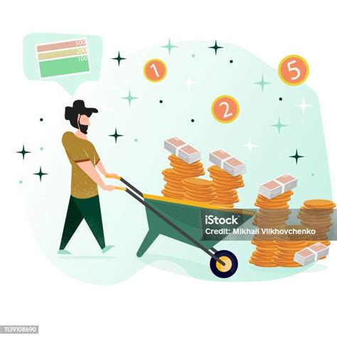 평면 스타일에서 벡터 일러스트 레이 션입니다 돈으로 생각 하는 돈으로 수레를 들고 있는 수염을 가진 남자 개념에 대한 스톡 벡터