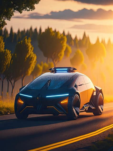 Electric Vehicle Prototype On The Road Bokeh Ai Generative Stock
