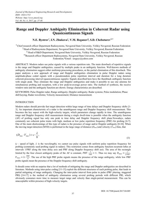 Pdf Range And Doppler Ambiguity Elimination In Coherent Radar Using Quasicontinuous Signals