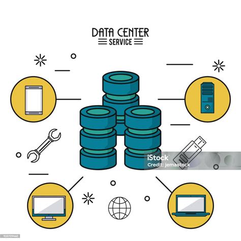 주위의 아이콘 컴퓨터 서버와 데이터 센터 서비스의 화려한 포스터 네트워크 서버에 대한 스톡 벡터 아트 및 기타 이미지