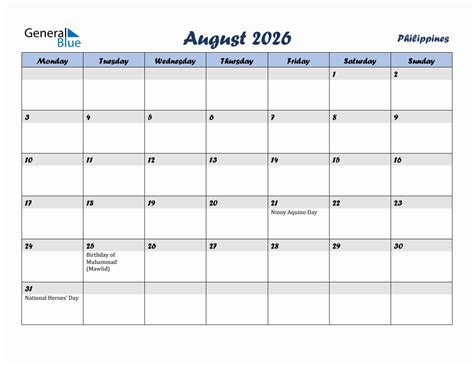 August 2026 Monthly Calendar Template With Holidays For Philippines