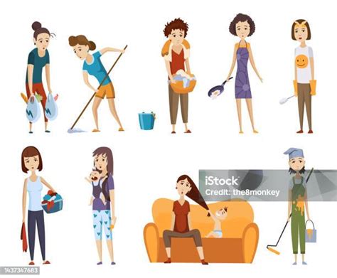 피곤한 여자 가정 주부 캐릭터는 바쁜 가사 노동 집에서 일하는 슬픈 엄마 피곤한 여성 벡터 세트 집안일에 지친 불행한 소녀 가공의 인물에 대한 스톡 벡터 아트 및 기타