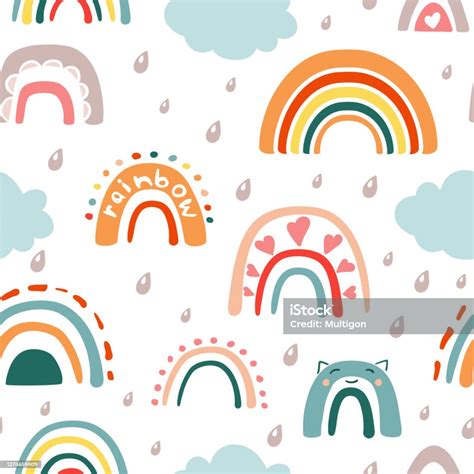 비 원활한 패턴으로 무지개를 낙서합니다 아이들은 반 반지 구름과 물방울 창조적 인 질감은 그래픽 스칸디나비아 스타일의 다채로운에서 손으로 그린 벡터 만화 패턴 귀여운에 대한