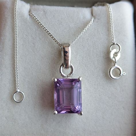 Amethyst Rectangle Pendant Emerald Cut Amethyst Silver Pendant For Her Purple Amethyst Prong Set