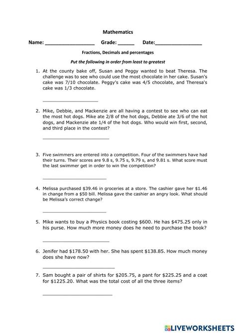 More Percentage Problems Fraction And Decimal Worksheets For