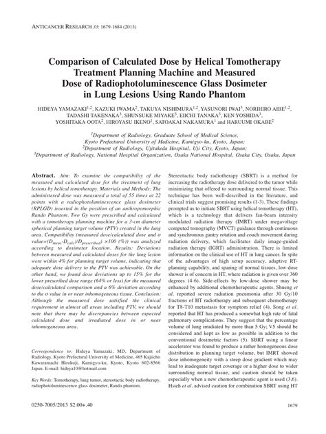 Pdf Comparison Of Calculated Dose By Helical Tomotherapy Treatment Planning Machine And