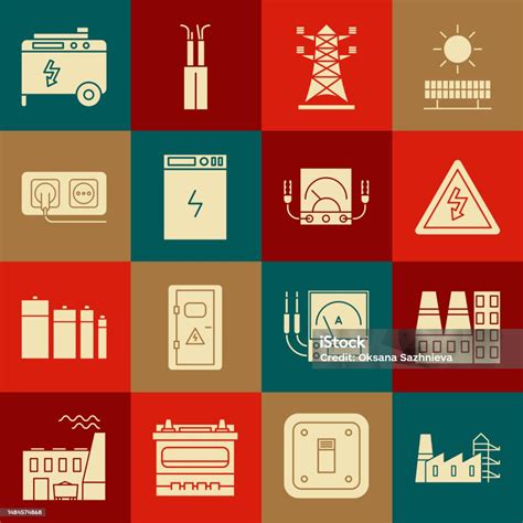 발전소 공장 및 공장 고전압 표지판 전봇대 라인 은행 전기 콘센트 휴대용 발전기 및 암페어 미터 멀티 미터 전압계 아이콘을 설정합니다 벡터 전기 연료 및 전력 생산에 대한