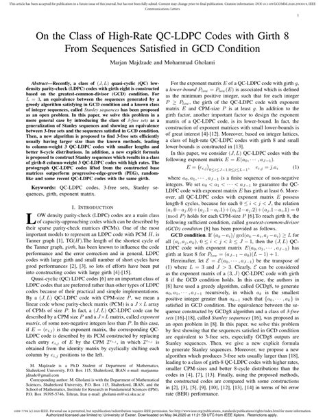 Pdf On The Class Of High Rate Qc Ldpc Codes With Girth 8 From Sequences Satisfied In Gcd Condition