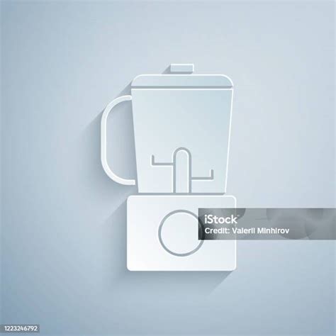 회색 배경에 분리된 용지 잘라낸 블렌더 아이콘입니다 그릇 주방 전기 고정 믹서기 스무디 칵테일 또는 주스 요리 종이 아트 스타일입니다 벡터 일러스트레이션 3차원 형태에 대한