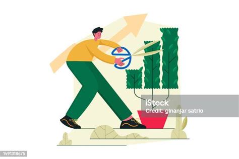 성장하는 녹색 투자 식물에 나뭇잎을 자르는 사업가 벡터 일러스트레이션 디자인 컨셉 가위에 대한 스톡 벡터 아트 및 기타 이미지 가위 가지치기 개발 Istock