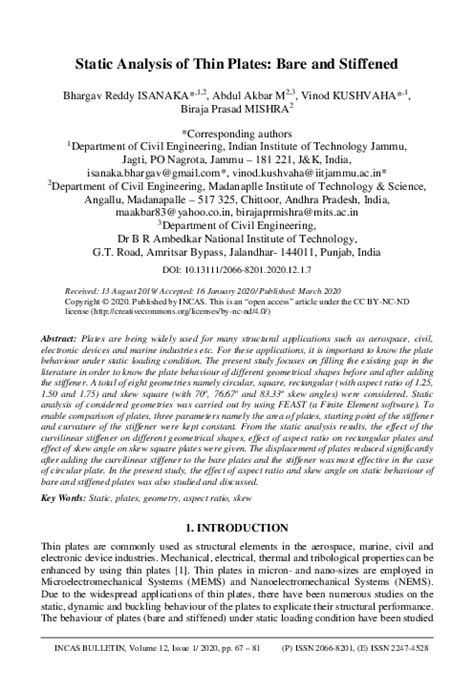 Pdf Static Analysis Of Thin Plates Bare And Stiffened