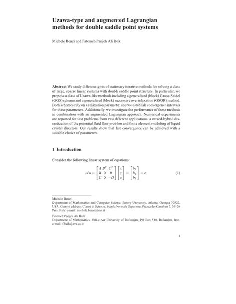 Uzawa Type And Augmented Lagrangian Methods For Double Saddle Point Systems Docslib