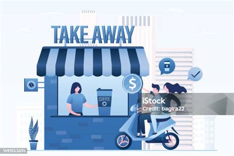 테이크 아웃 음식과 음료 배너 커피숍 키오스크 돈을 가지고 오토바이를 탄 배고픈 사람들 패스트 푸드 기술 재미있는 커플은 커피 한 잔을 지불합니다 지역 중소기업 건강에 좋지