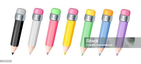 그림을 그리기 위한 크레용 또는 지우개가 있는 다채로운 연필 사실적인 일러스트레이션 컬렉션 글쓰기나 그림을 그리기 위한 격리된