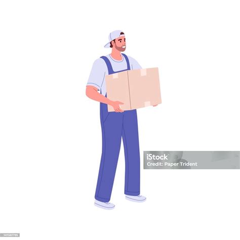골판지 상자를 운반하는 로더 작업자 택배 보유 판지 소포 포장 주문 손에 패키지를 가지고 가는 배달원 흰색 배경에 고립 된 배달원의 평면 벡터 일러스트 레이 션 나름에 대한