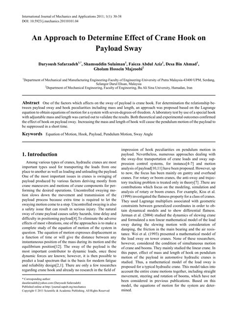 Pdf An Approach To Determine Effect Of Crane Hook On Payload Sway