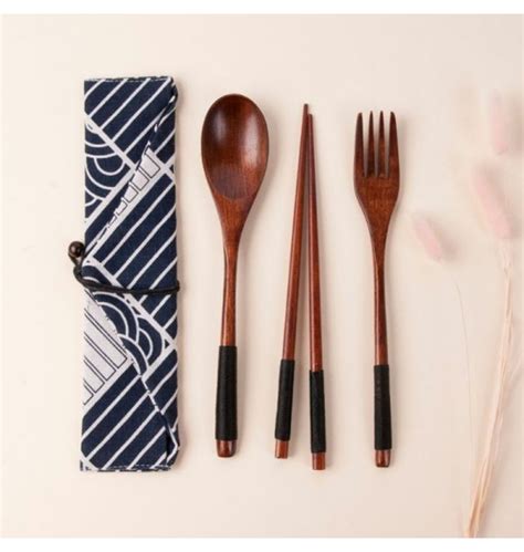 식기 세트 휴대용 나무 일본식 여행 용품 칼 숟가락 포크 젓가락 천 가방 티몬
