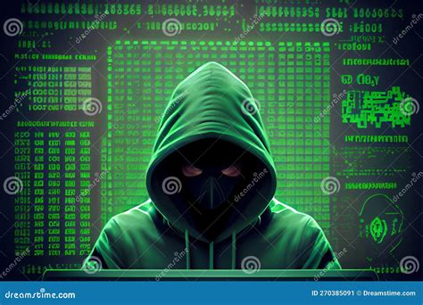 Hooded Hacker Against Green Background With Computer Code Generative