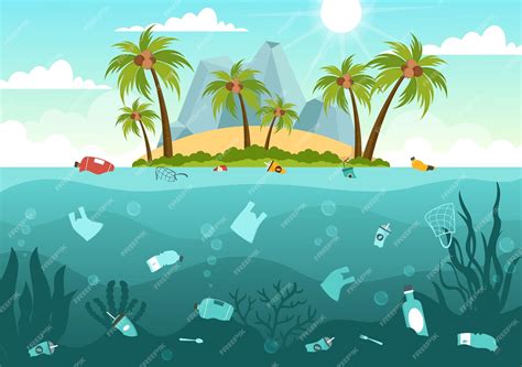 폐기물 봉투 및 병과 같은 바다 밑 쓰레기로 해양 플라스틱 오염 그림 중지 프리미엄 벡터