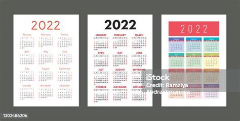 포켓 캘린더 2022 년 세로 방향입니다 영어 다채로운 벡터 세트 세로 템플릿입니다 디자인 컬렉션 일요일부터 시작되는 주