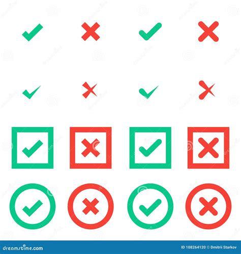 Green Tick And Red Cross Checkmarks In Circle And Square Flat Icons