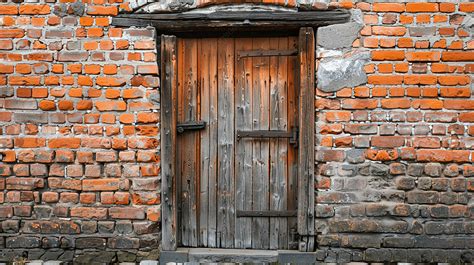 Wooden Door In Brick Wall Of Medieval House Background Wall Old Door