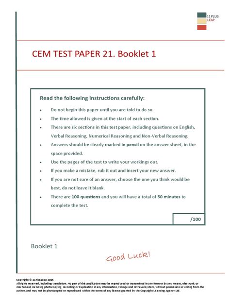 Cem Test Paper 21 Booklet 1 Read The Following Instructions Carefully