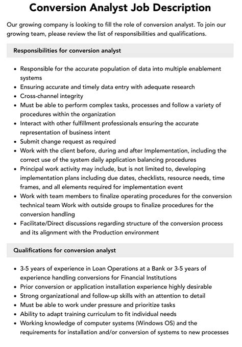 Conversion Analyst Job Description Velvet Jobs