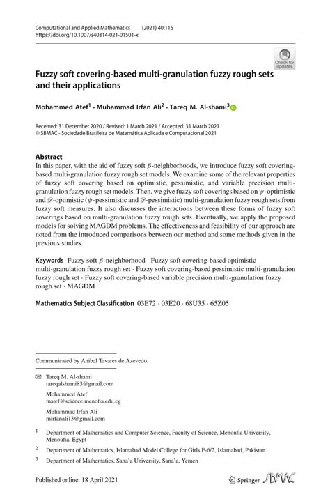 Pdf Fuzzy Soft Covering Based Multi Granulation Fuzzy Rough Sets And