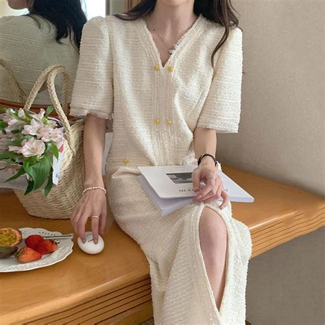 베이지하루 트위드원피스 셔츠 브이넥 셔츠원피스 롱원피스 여성 슬릿 반팔 여름 봄 드레스 원피스 하객룩 결혼식 하객 여행 휴양지 비치 셔츠 바캉스룩 오피스룩 트위드 여름 봄