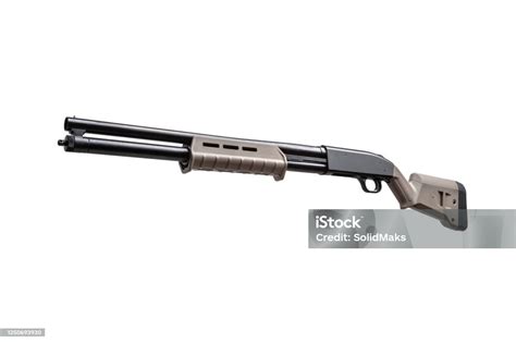 플라스틱 엉덩이와 전단이 흰색 배경에 분리 된 현대적인 펌프 액션 산탄총 스포츠와 자기 방어를위한 무기 경찰 군대 및 특수