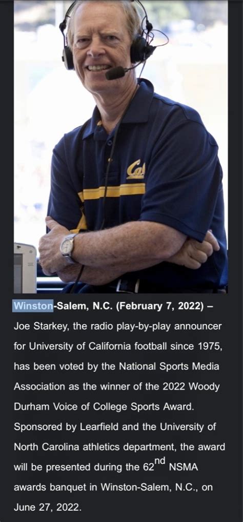 Cal Football Joe Starkey Voted `voice Of College Sports Award Winner