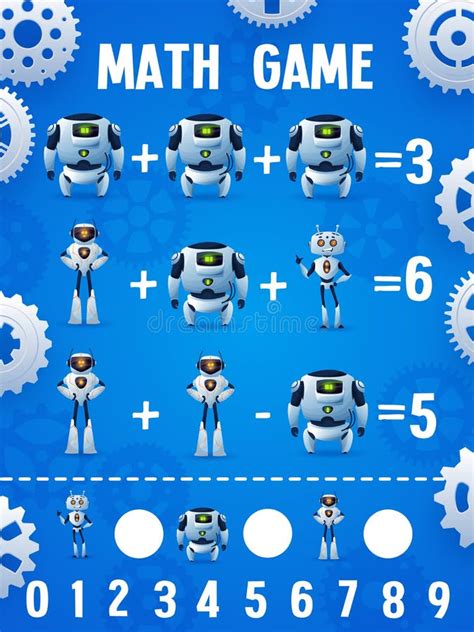 Math Game Worksheet Of Cartoon Robots And Droids Stock Vector