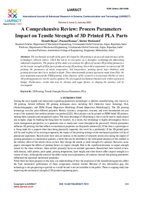 Pdf A Comprehensive Review Process Parameters Impact On Tensile Strength Of 3d Printed Pla Parts