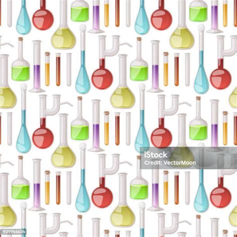 화학 플라스 크 실험실 벡터 실험실 유리 튜브 액체 바이오 분석 튜브 의료 과학 장비 완벽 한 패턴 배경 건강 진단에 대한 스톡