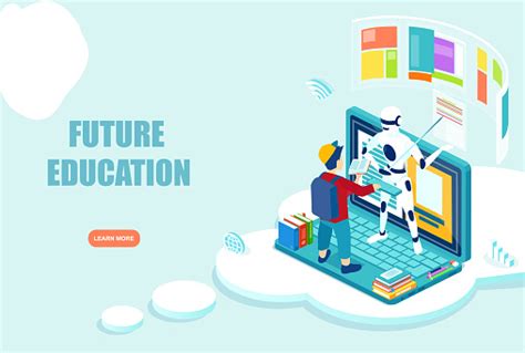 온라인 로봇과 상호 작용하는 소년의 벡터 온라인 공부하는 노트북을 사용하여 아이에 대한 스톡 벡터 아트 및 기타 이미지 아이