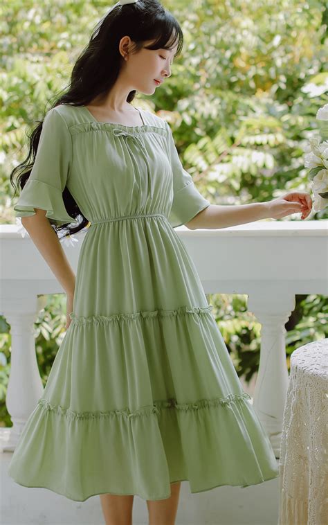 라쿠프랑 ~xl빅사이즈 쉬폰롱원피스 2color 초록 빨강 청순 여신 공주 스퀘어넥 반팔 여름 레드 그린 66사이즈 77사이즈 무료배송