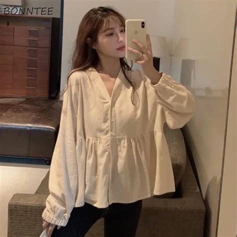 여성용 브이넥 긴팔 셔츠 헐렁한 레저 부드러운 단색 올매치 여성 상의 한국 스타일 기질 봄 가을셔츠 Aliexpress