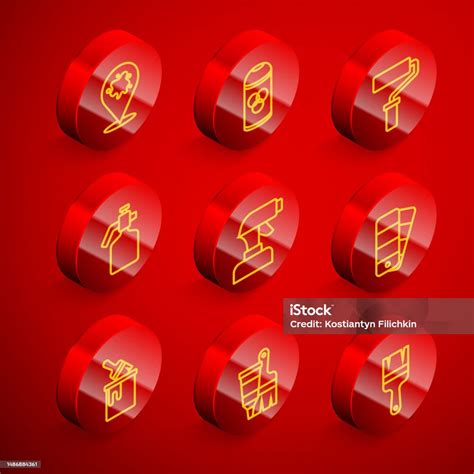 세트 라인 페인트 스프레이 캔 롤러 브러시 총 컬러 팔레트 가이드 튜브 페인트 및 아이콘이 있는 양동이 벡터 3차원 형태에 대한