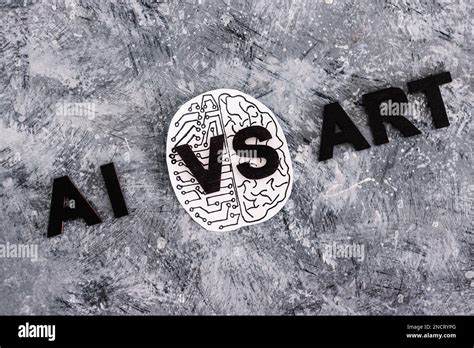 ai vs art text with half human half robot brain concept of artificial