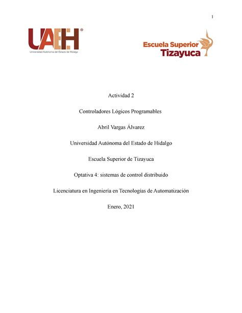 U1 Tarea Controlador Lógico Programable Plc 1 Actividad 2