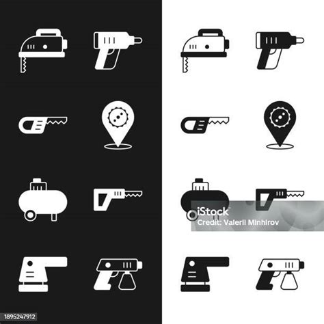 원형 톱날 왕복 전기 퍼즐 무선 드라이버 공기 압축기 페인트 스프레이 건 및 샌더 아이콘을 설정합니다 벡터 강철에 대한 스톡 벡터 아트 및 기타 이미지 Istock