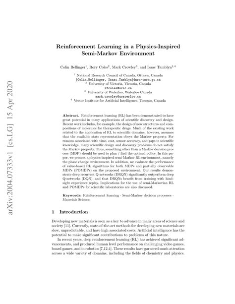 Pdf Reinforcement Learning In A Physics Inspired Semi Markov Environment