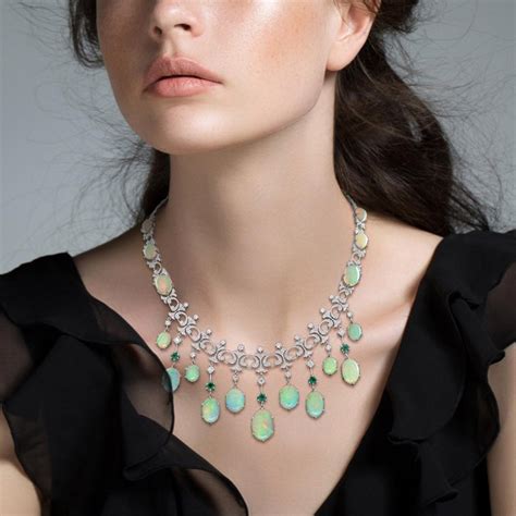Elegant Ethiopian Opal Emerald Diamond Victorian Style Necklace In 18k