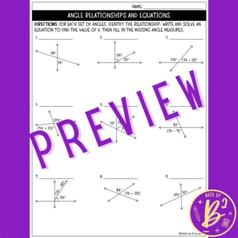 Angle Relationships And Equations Practice Worksheet By Math By B Squared